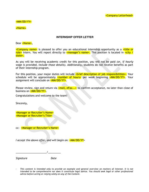 Internship Offer Letter Without Salary Templates At