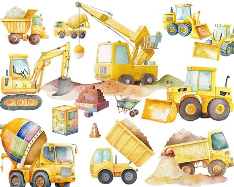 Watercolor Construction Vehicles Dump Truck Crane Clipart Digger
