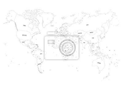Vector Political Map Of World Black Outline On White Background Wall