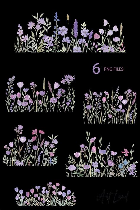 Watercolor Purple Wildflowers Clipart Botanical Floral Wild Flowers