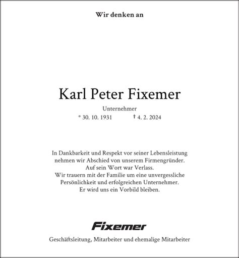 Traueranzeigen Von Karl Peter Fixemer Volksfreund Trauer De