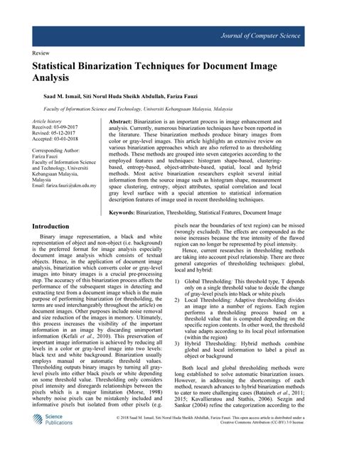 pdf statistical binarization techniques for document image analysis