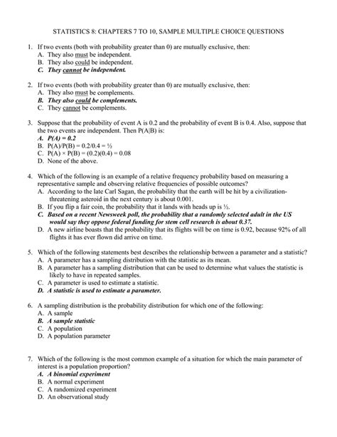 statistics 8 chapters 7 to 10 sample multiple choice questions
