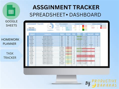 Assignment Tracker Google Sheets Template Homework Planner College And