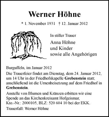 Traueranzeigen Von Werner H Hne Trauer Hna De