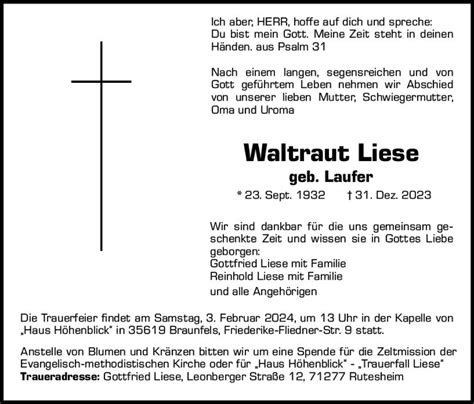 Traueranzeigen Von Waltraut Liese Vrm Trauer De