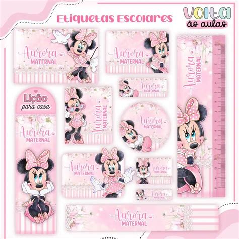 Etiquetas Escolares Minnie Vestido Rosa Digital Grátis