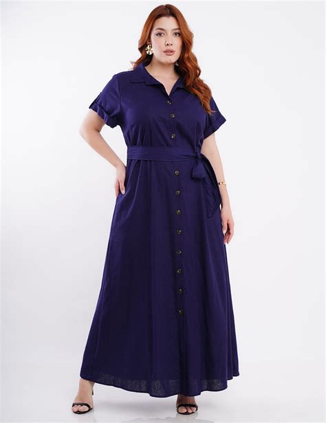 Vestido Longo Linho Misto Chemise Cinto Marinho Dona Charme