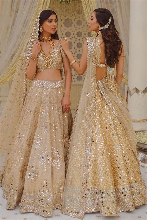 Buy Abhinav Mishra Gold Net Mirror Work Lehenga Set Online Aza