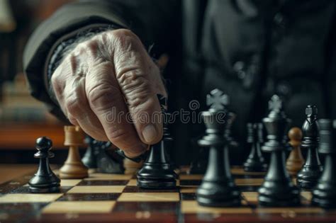 Close Up Hand Of A Man Moving A Chess Piece In A Chess Board Game Stock