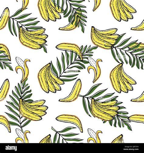 A Seamless Pattern Of Bananas And Tropical Leaves Hand Drawn Doodle