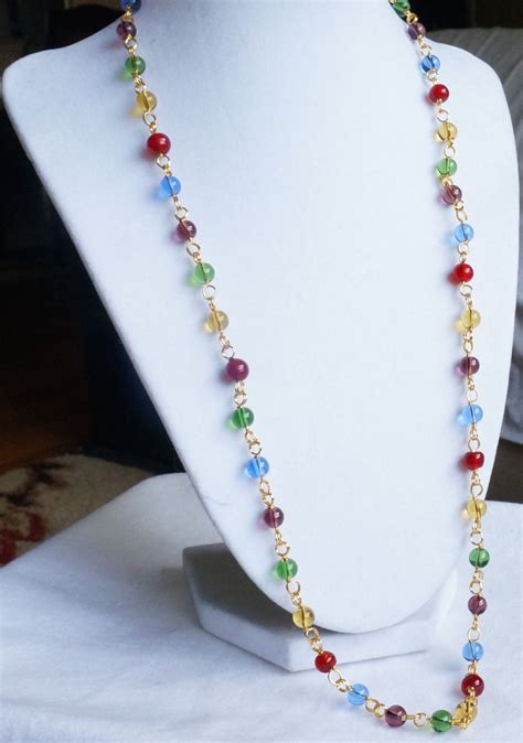 Wire Wrapped Multi Color Bead Necklace Multi Color Glass Etsy