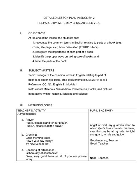 Detailed Lesson PLAN Dlp DETAILED LESSON PLAN IN ENGLISH 2 PREPARED