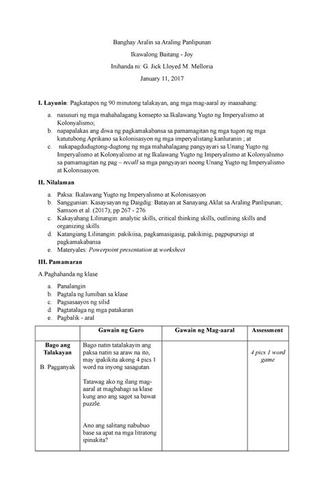 Observation Lesson Plan Docx Banghay Aralin Sa Araling Panlipunan 8