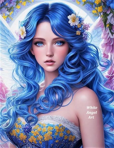 A Painting Of A Woman With Blue Hair And Flowers In Her Hair Wearing