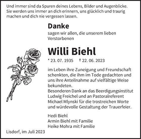 Traueranzeigen Von Willi Biehl Saarbruecker Zeitung Trauer De