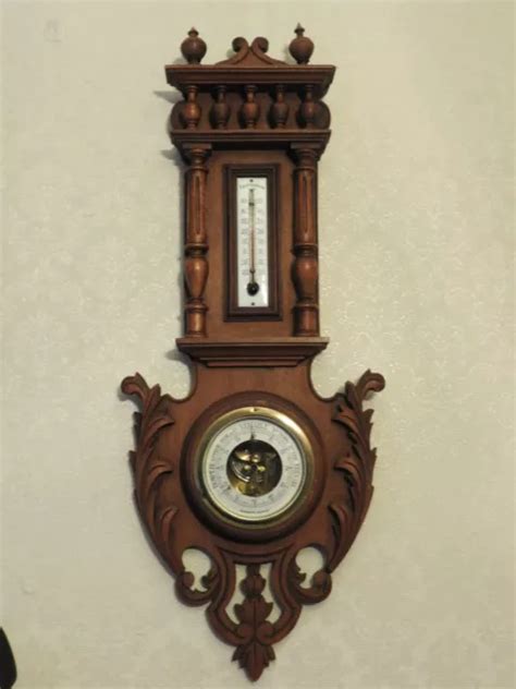 BAROMÈTRE ANÉROÏDE THERMOMÈTRE Centigrade Ancien En Bois Sculpte L