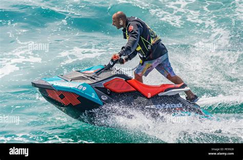 Man Riding A Jet Ski On The Sea In Summer In The UK Water Sports Jet