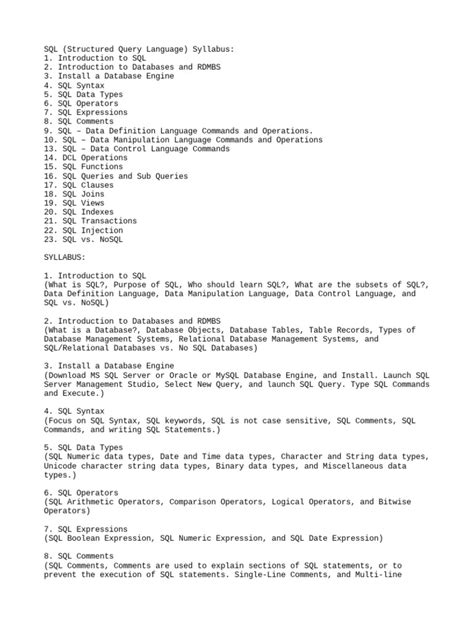 sql syllabus pdf sql databases