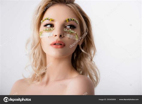 Naked Beautiful Blonde Woman Wildflowers Eyes Looking Away Isolated