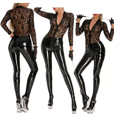 Women S Sexy Wetlook Jumpsuit Lace Patent Leather Bodystocking Bodysuit
