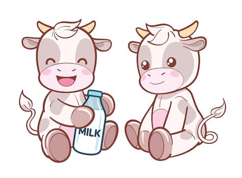 Lindo Personaje De Dibujos Animados De Vacas Con Una Botella De Leche