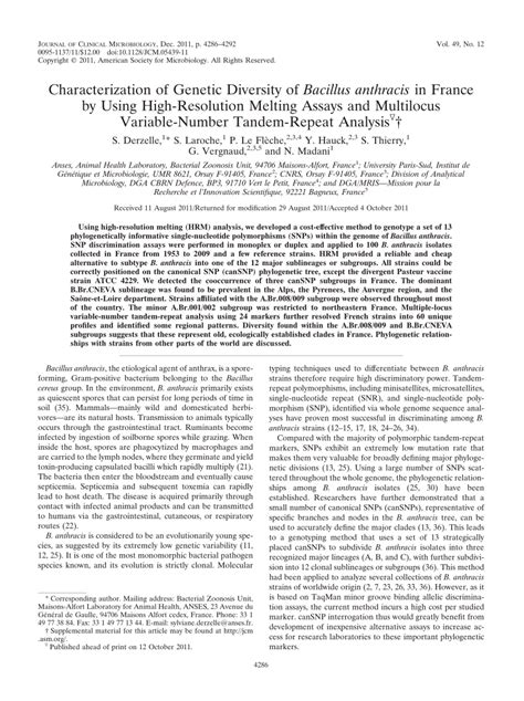 pdf characterization of genetic diversity of bacillus anthracis in france by using high