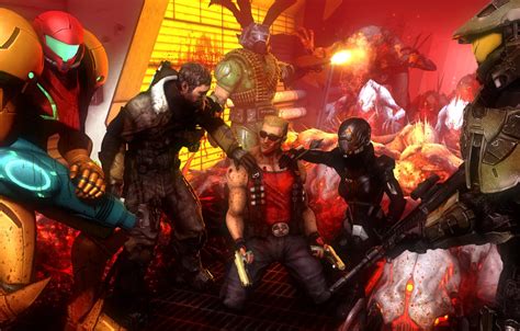 Обои Dead Space Halo Crossover Duke Nukem Isaac Clarke Samus Aran Metroid Doom Master
