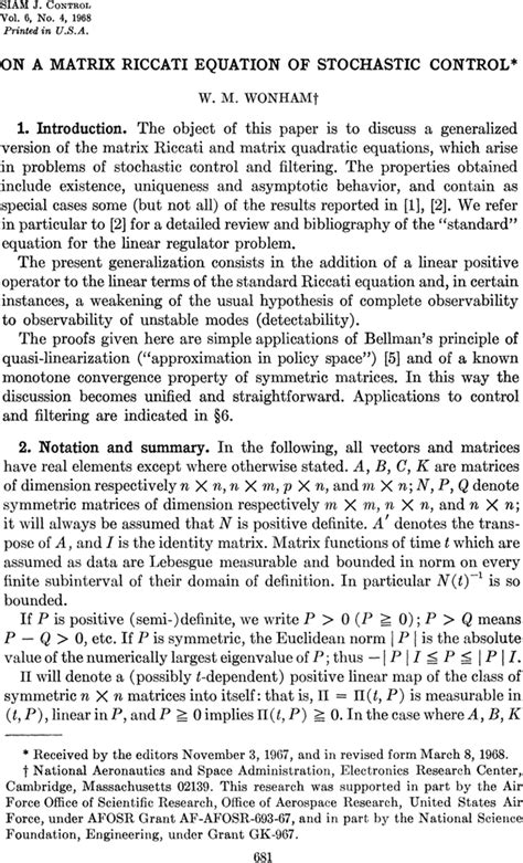 on a matrix riccati equation of stochastic control siam journal on control and optimization
