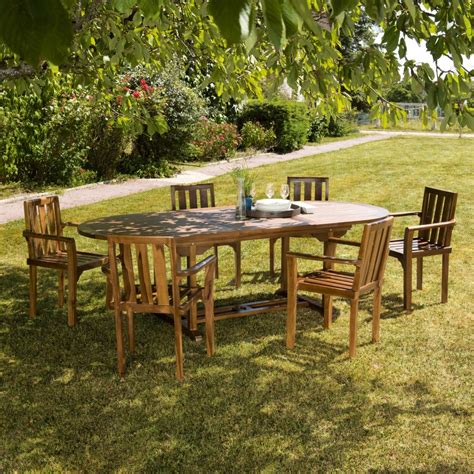 Salon de jardin en bois teck huilé 8 10 personnes 1 table ovale