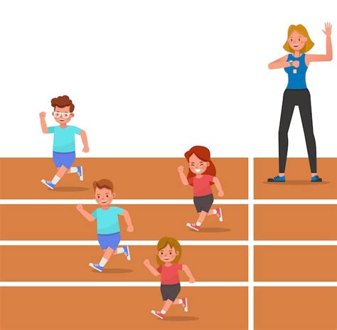 Grupo de niños corriendo en la pista del personaje del estadio Vector