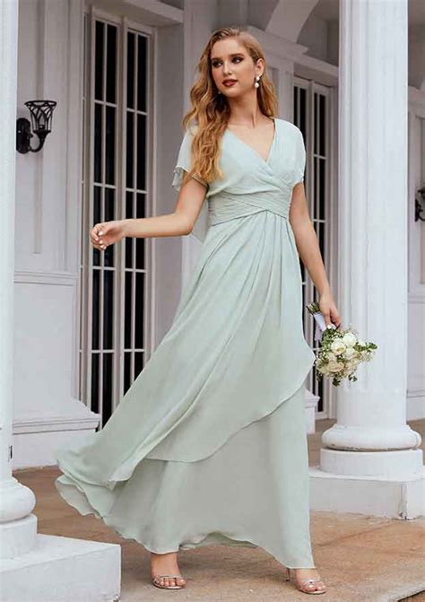 A Line V Neck Chiffon Long Floor Length Bridesmaid Dress With Pleated