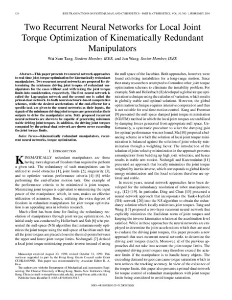 pdf two recurrent neural networks for local joint torque optimization of kinematically