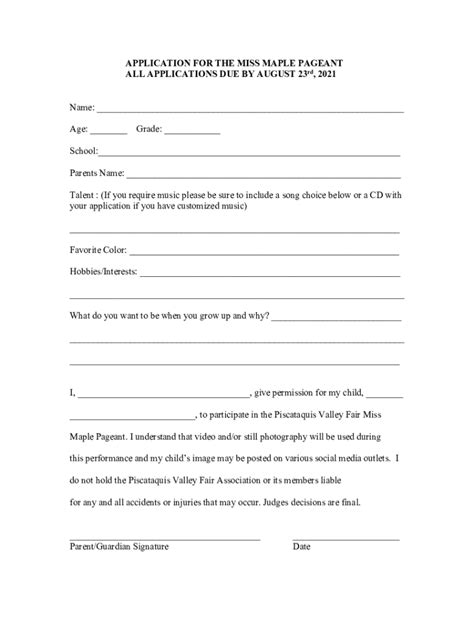 Fillable Online APPLICATION FOR THE MISS MAPLE PAGEANT ALL APPLICATIONS
