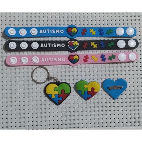 Kit Pulseira Identificação Chaveiro Coração Broche Autismo Autista