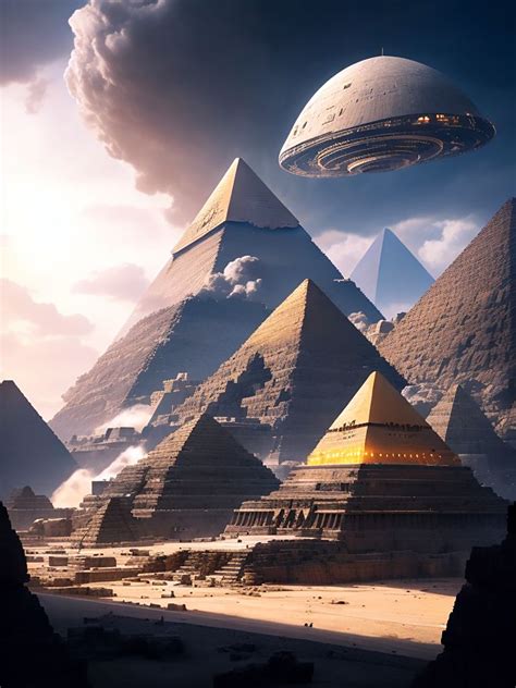 Futuristic Architecture Alien Spaceship Over Pyramids