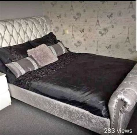 CHESTERFIELD Classy Modern Bed Frame Sleigh Style Upholstered Crushed