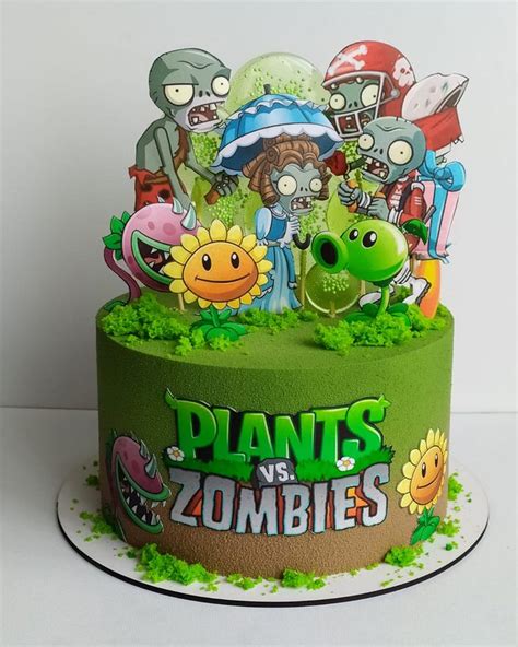 A Green Cake With Plants And Zombies On It S Top Is Surrounded By