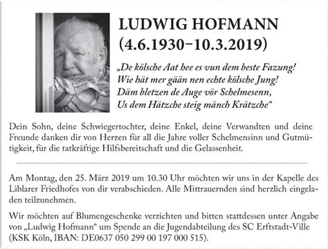Traueranzeigen Von Ludwig Hofmann WirTrauern