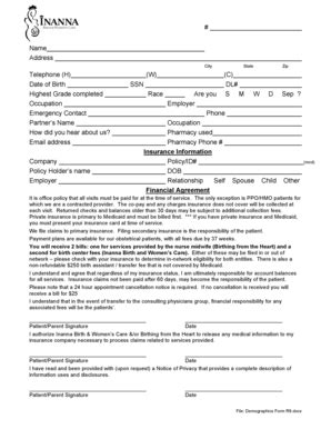 Fillable Online Demographics Form Inanna Birth And Women S Care Fax