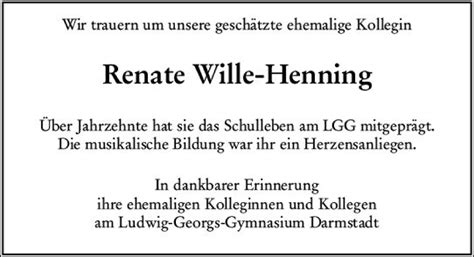 Traueranzeigen Von Renate Wille Henning Vrm Trauer De