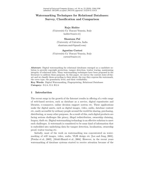pdf watermarking techniques for relational databases survey classification and comparison