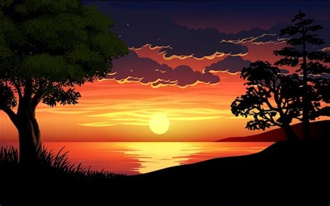 Ilustración del atardecer del lago con cielo dramático Vector Premium