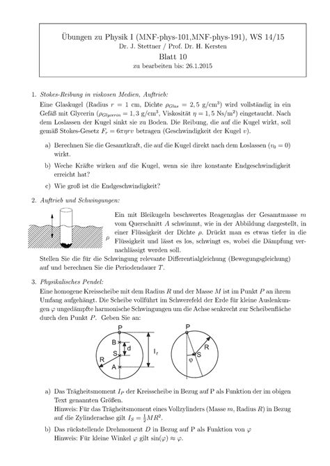 Blatt 10 Physik 1 Übungsaufgaben 2014 2015 Ubungen zu Physik I MNF