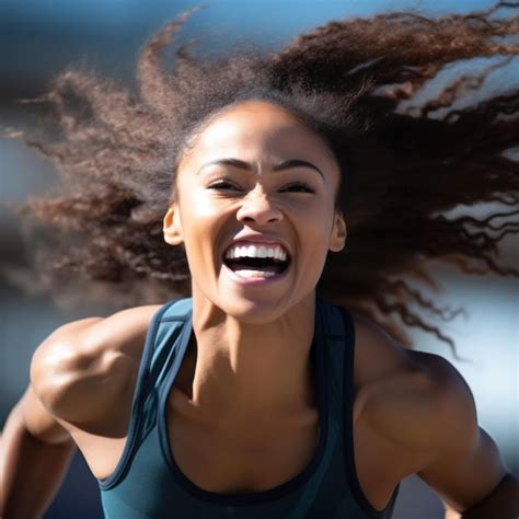 Premium AI Image A Woman Running With Her Hair Blowing In The Wind