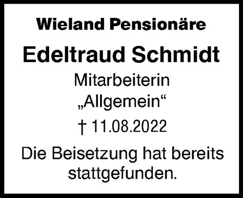 Traueranzeigen von Edeltraud Schmidt Südwest Presse Trauer