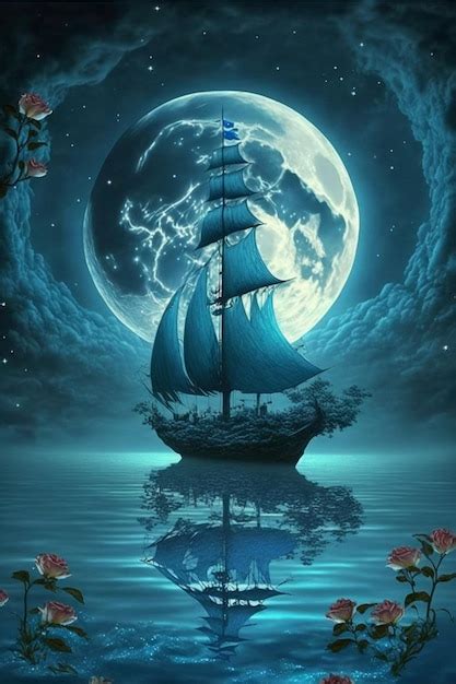 Premium Ai Image Boat Floating On Top Of A Body Of Water Under A Full