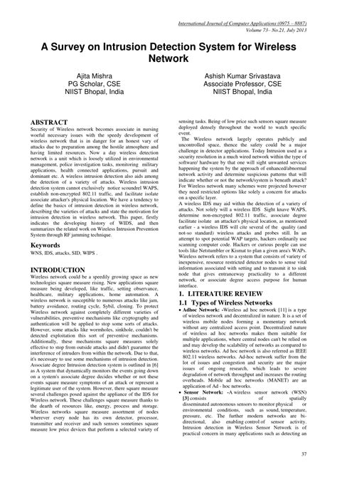pdf a survey on intrusion detection system for wireless network