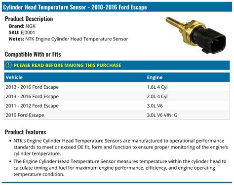 2010 2016 Ford Escape Cylinder Head Temperature Sensor NGK EJ0001