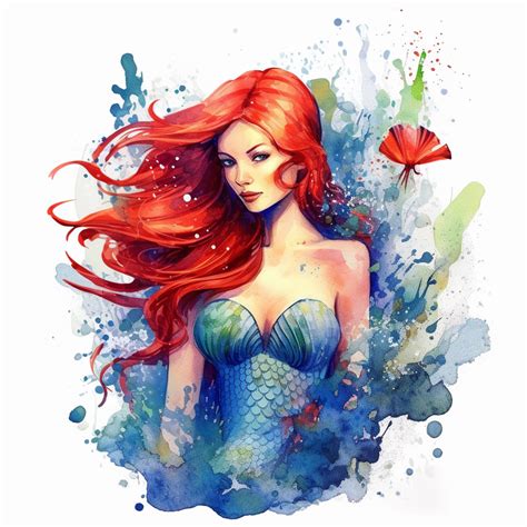Over Realistic Beautiful Red Haired Mermaid Woman With Beautiful Bright